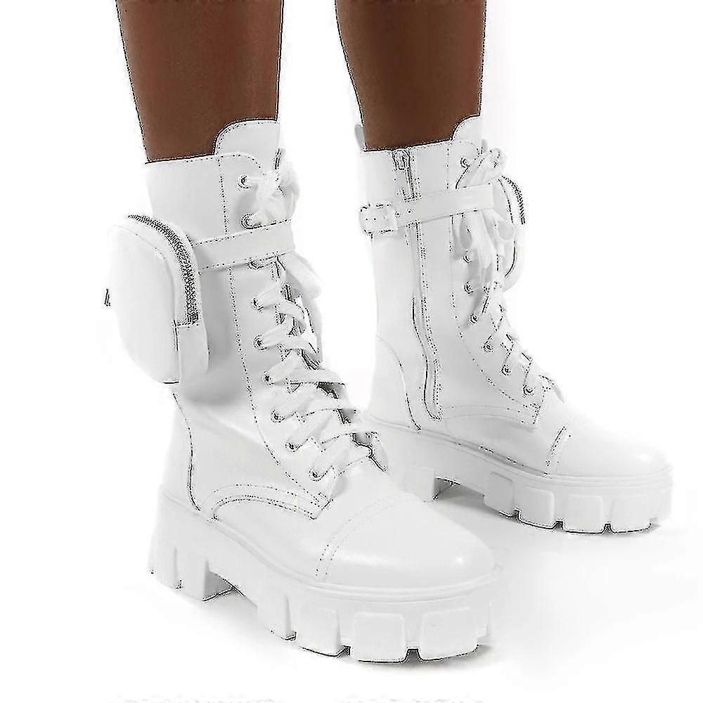 Female Pocket Lace Up Boots Buckle Strap Chunky Pouch Ankle | Fruugo UK