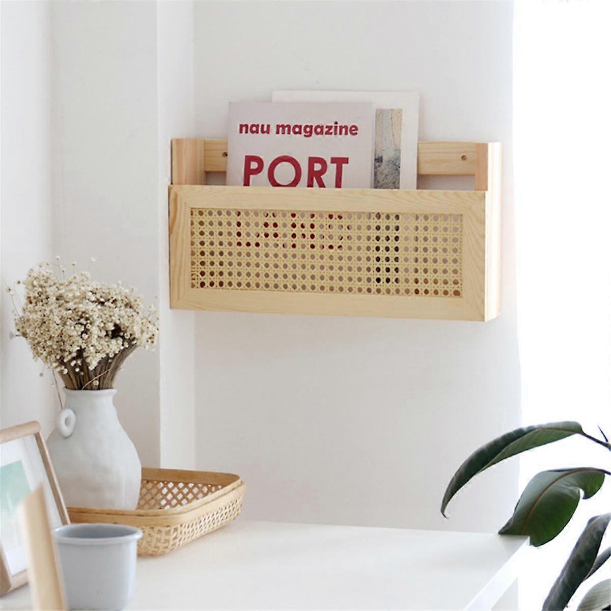 Wooden Magazine Wall Rack with Rattan File Holder Hanging File Rattan ...