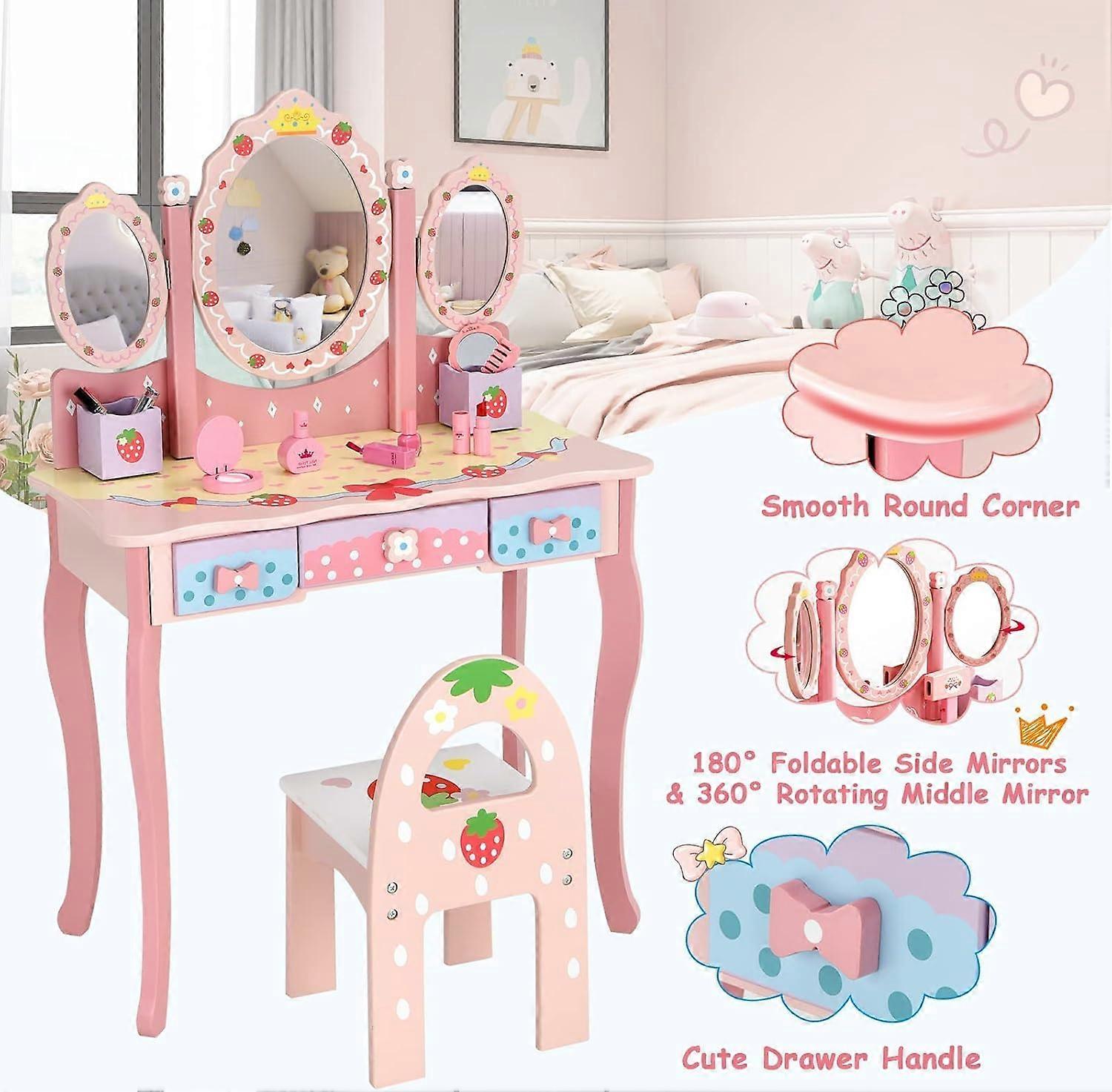 Kids Vanity, Strawberry Princess Toddler Vanity, Makeup Dressing Table ...
