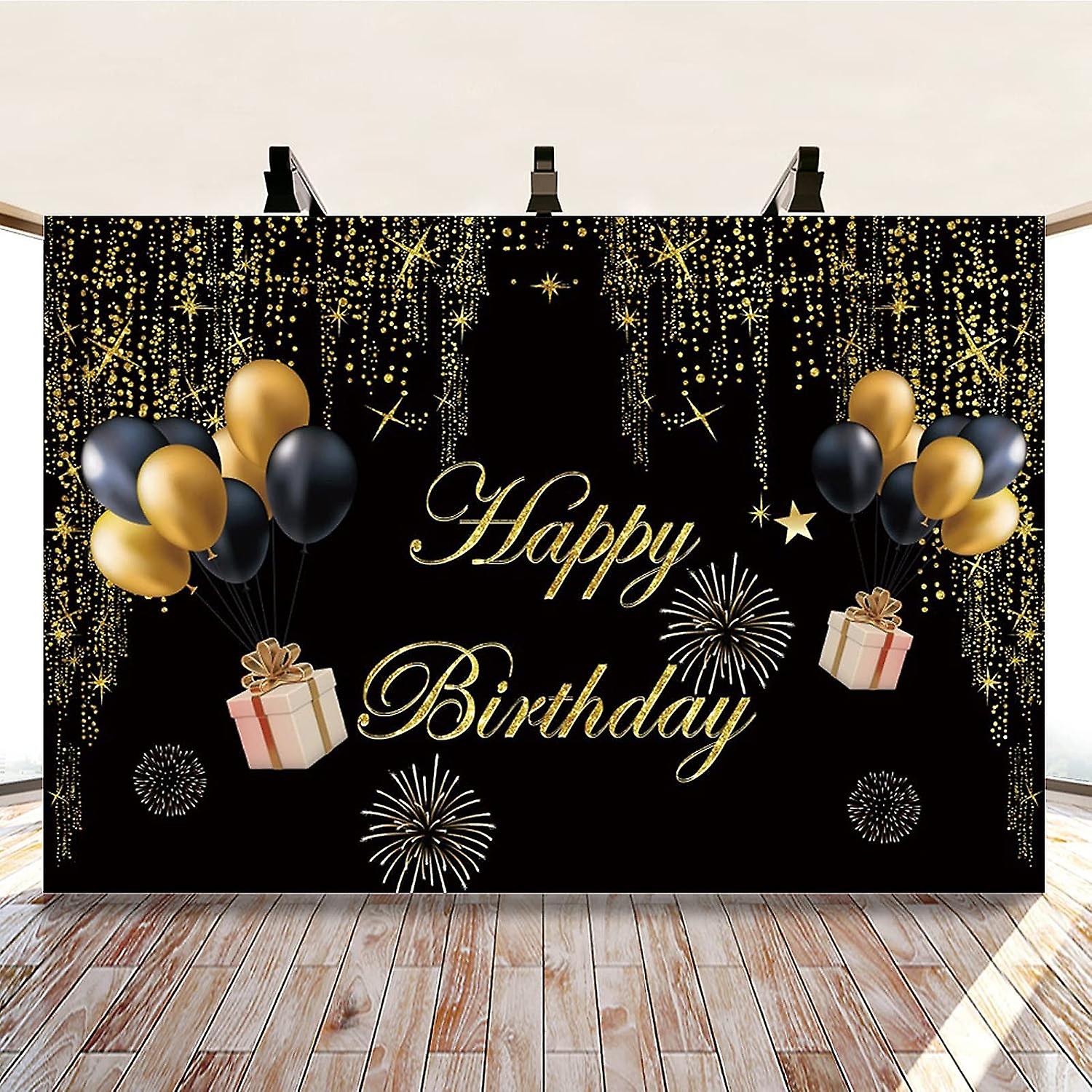 Glitter Gold Happy Birthday Backdrop Black Gold Balloons Birthday ...