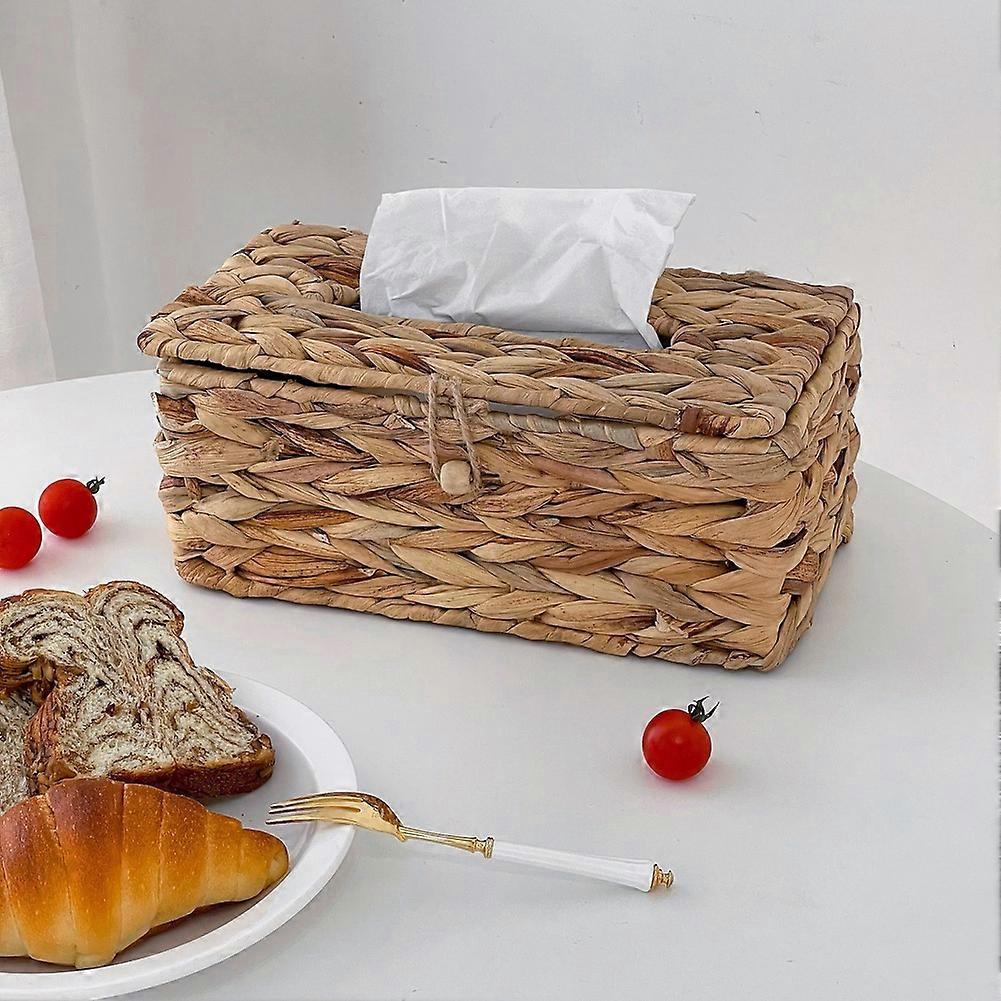 Ins Water Hyacinth Woven Tissue Box Rattan Woven Lid Sanitary Paper Box ...