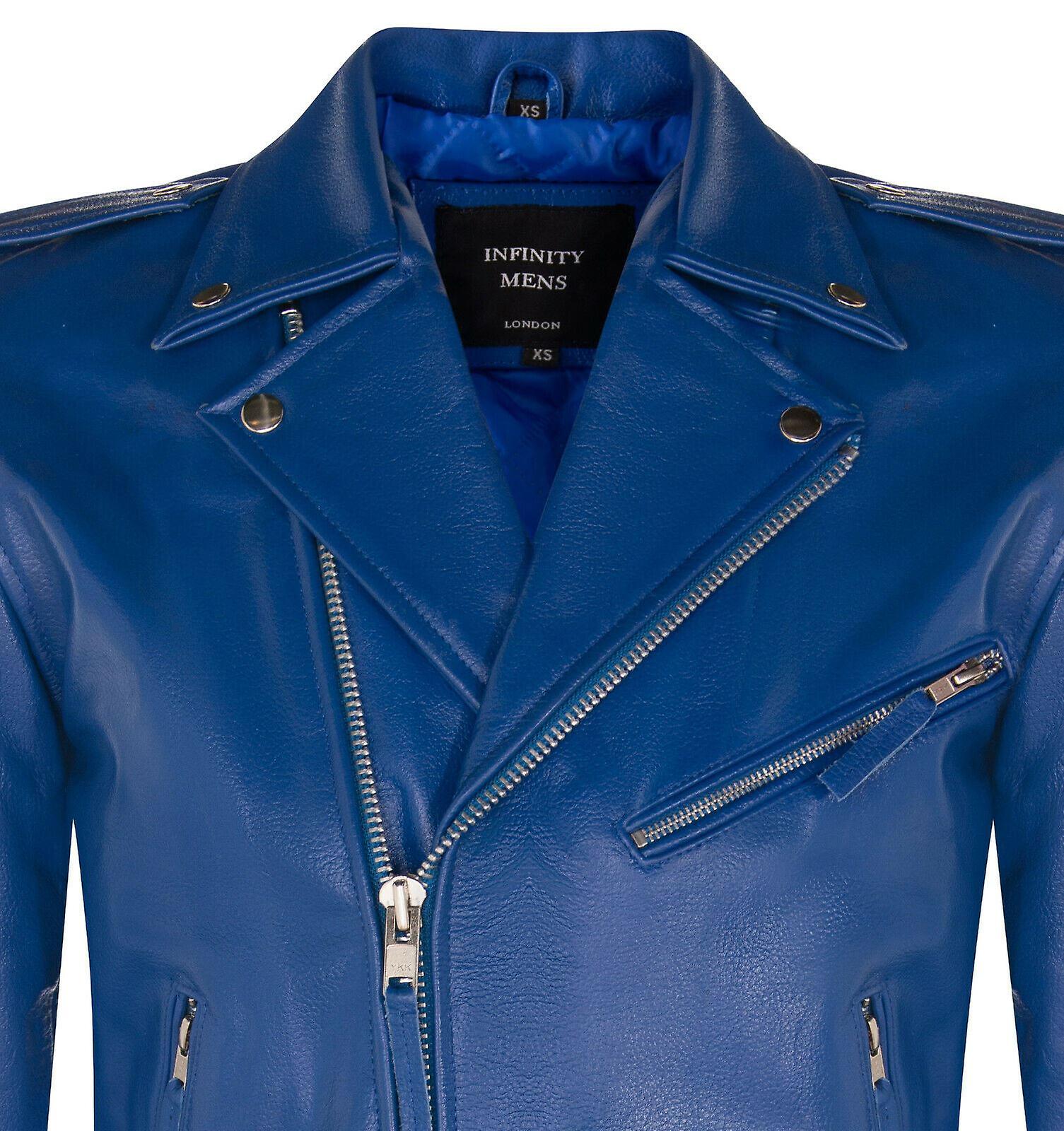 Men's Brando Leather Stylish Royal Blue Biker Jacket | Fruugo UK