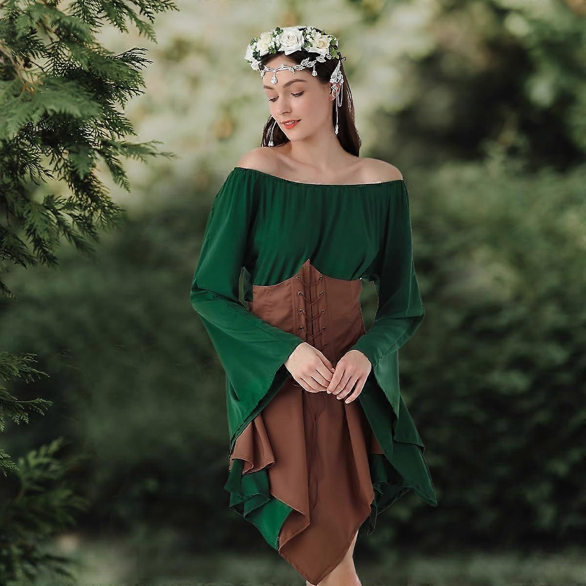 Renaissance Dresses Medieval Costume for Women Fairy Crown Elf Ear ...