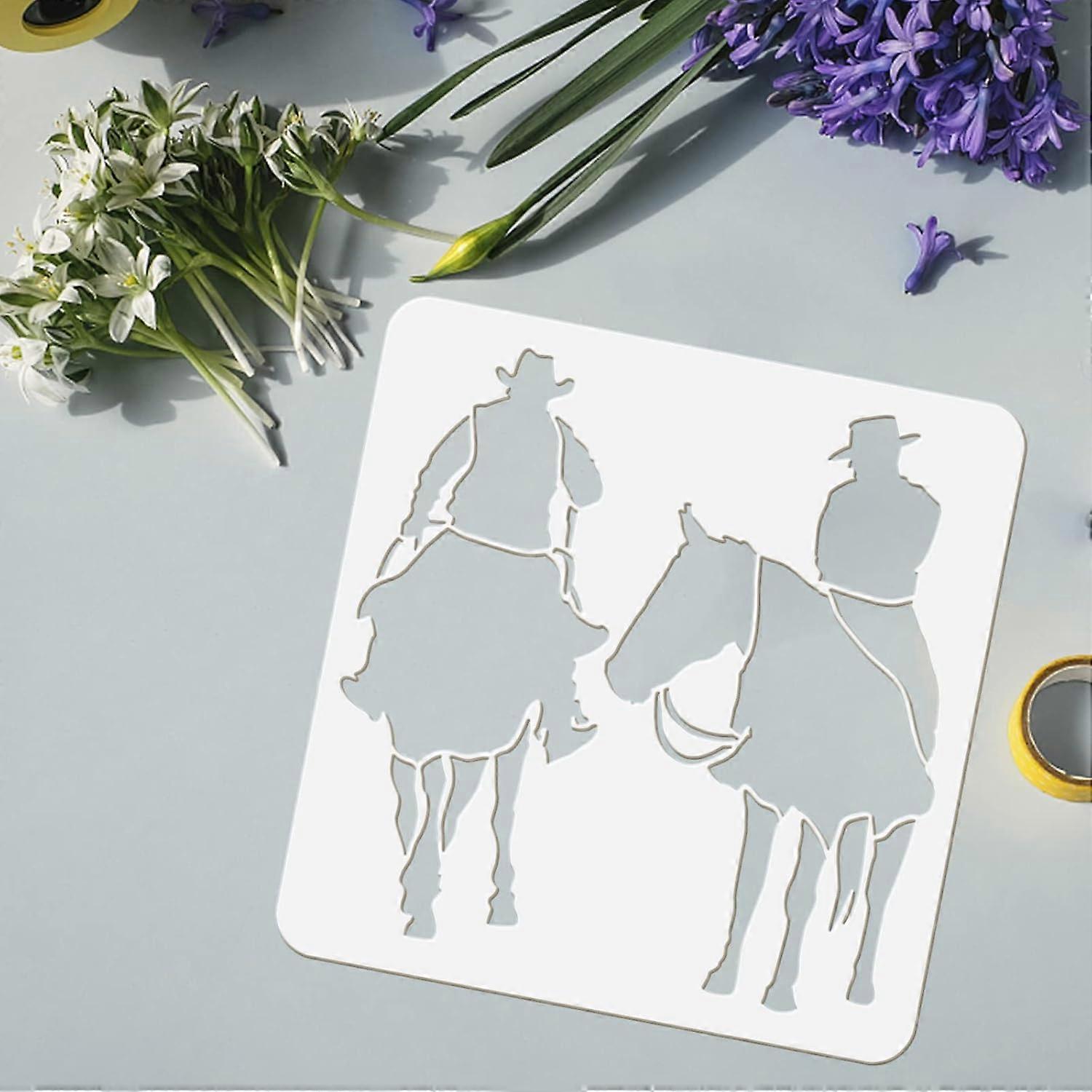 Western Cowboy Theme Stencil 11.8x11.8 inch Horse Drawing Painting Stencils Plastic Two Cowboys ...