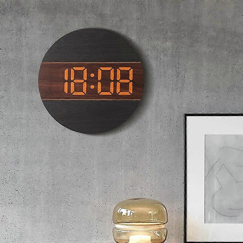 Solid Wood Color Round LED Wall Clock Nordic Style Digital Temperature ...