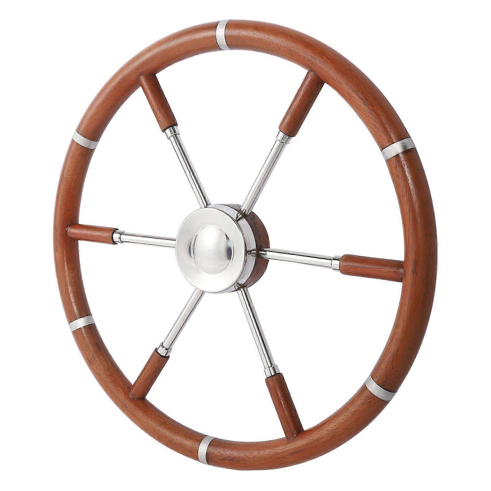 Teak Wood Handle Boat Steering Wheel 6 Spoke 304 Stainless Steel Center ...
