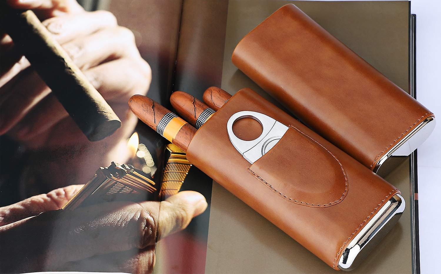 Cigar Case Travel 3-Finger Leather Cigar Holder with Cedar Wood Lining ...