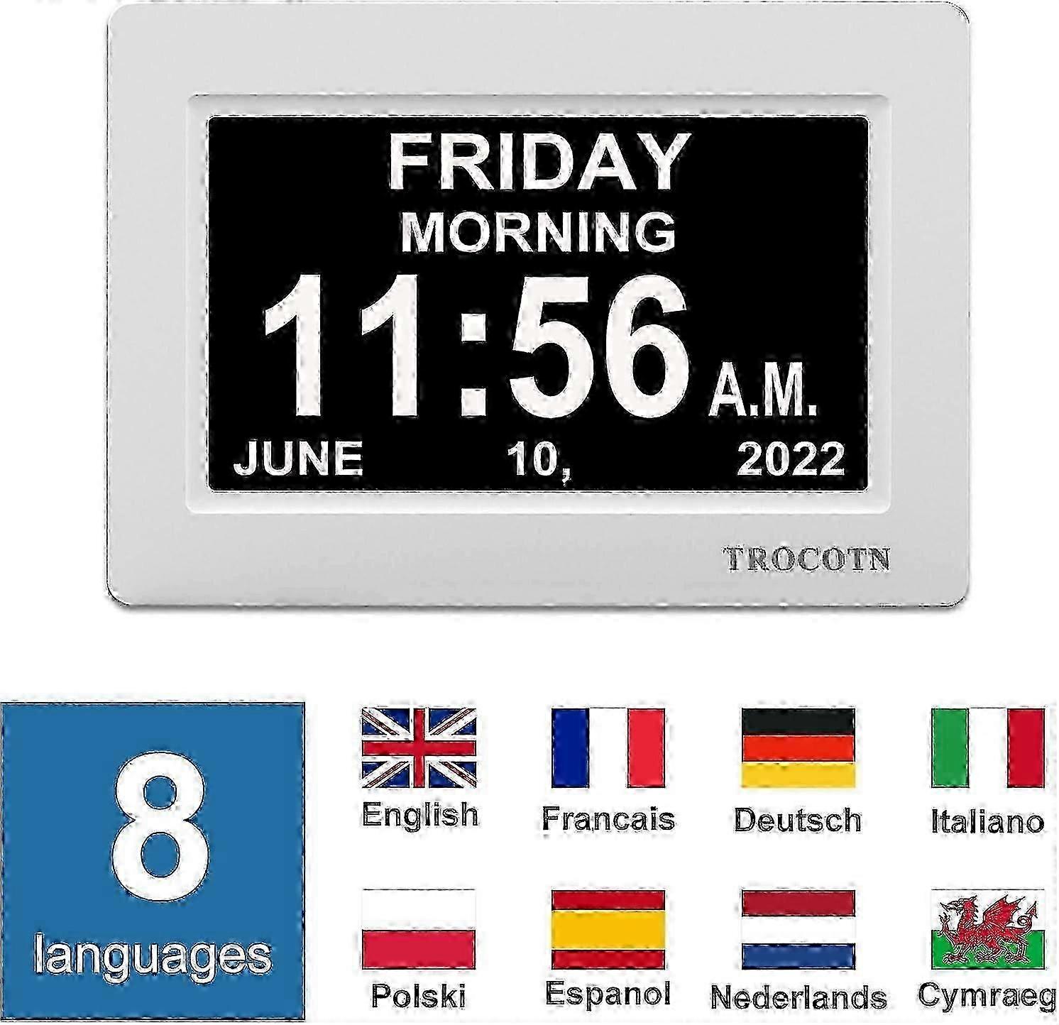 7 Inch White Digital Clock with Date, Day of Week & Calendar Display ...