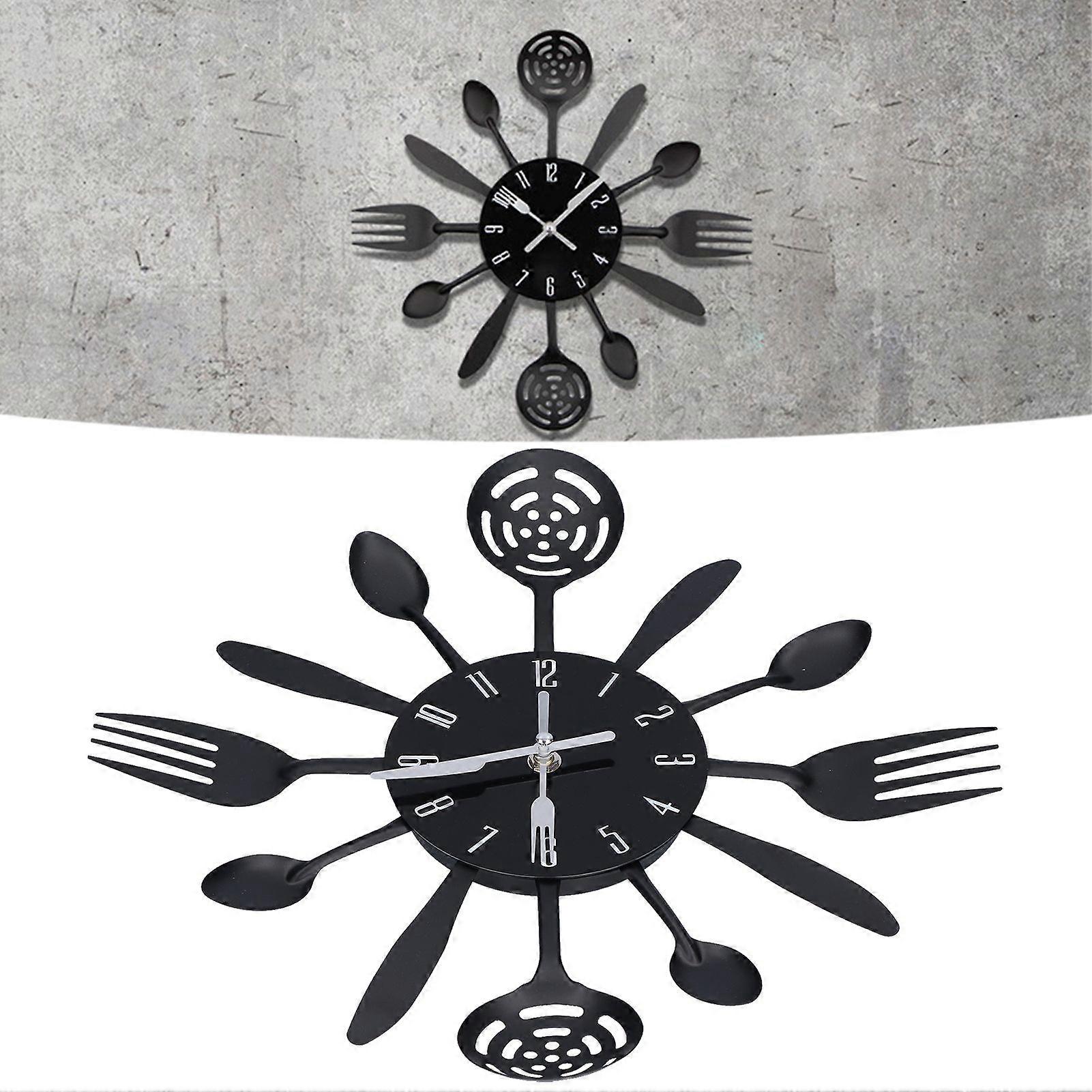 Black Kitchen Wall Clock Removable Modern Cutlery Kitchen Spoon Fork ...
