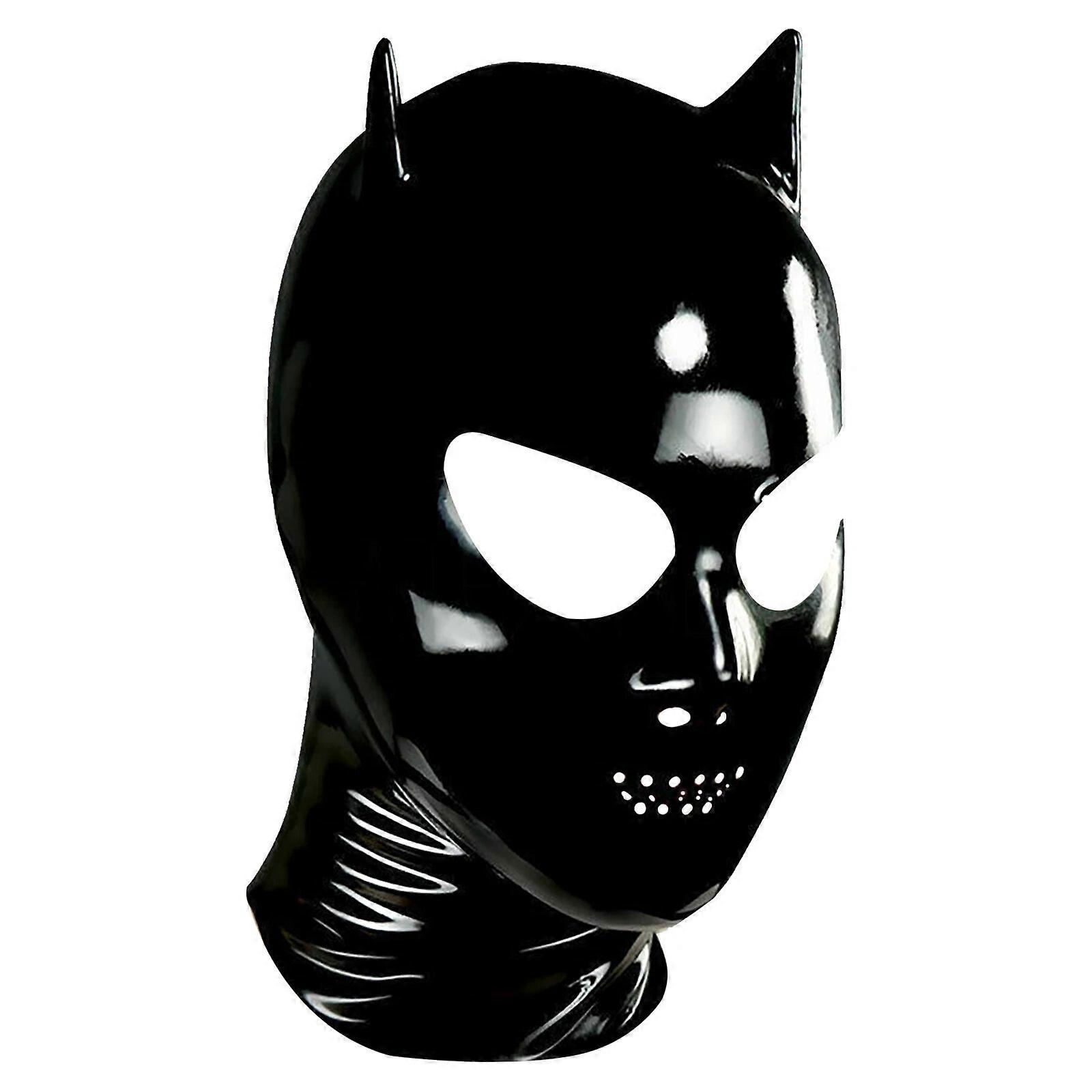 Women Men Latex Hood Mask Open Eyes Mouth Mask Cat Ears Devil Hood Unique Club Wear Headgear ...