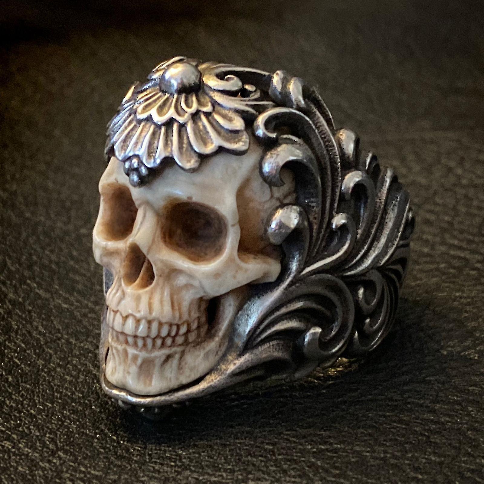 Vintage Polish Floral Armor Antler Skull Ring, Adjustable Open Gothic Punk Antique Style Skull ...