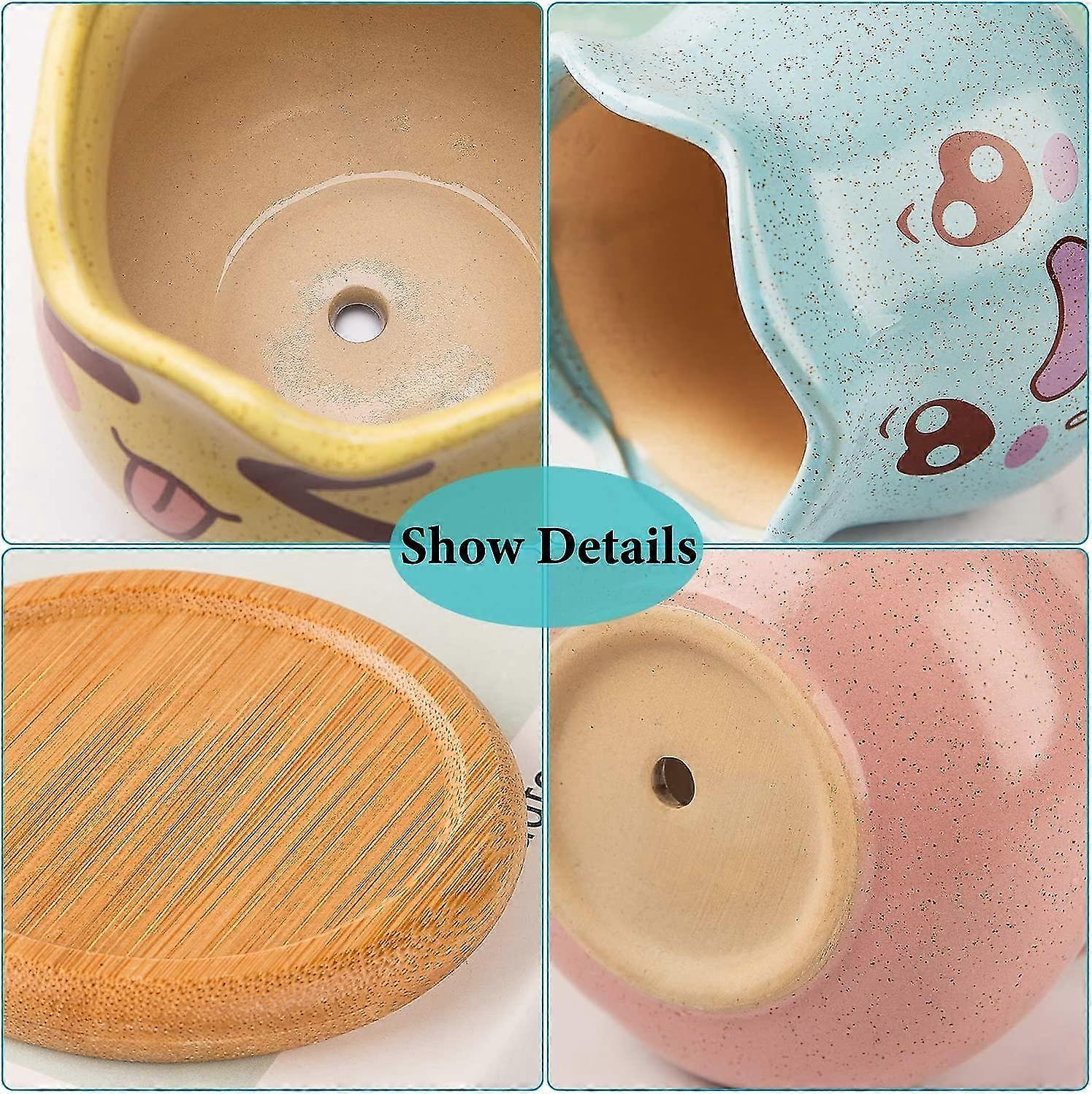 Ceramic Flower Pot With Bamboo Tray And Cute Emoticon Decor, Cute ...