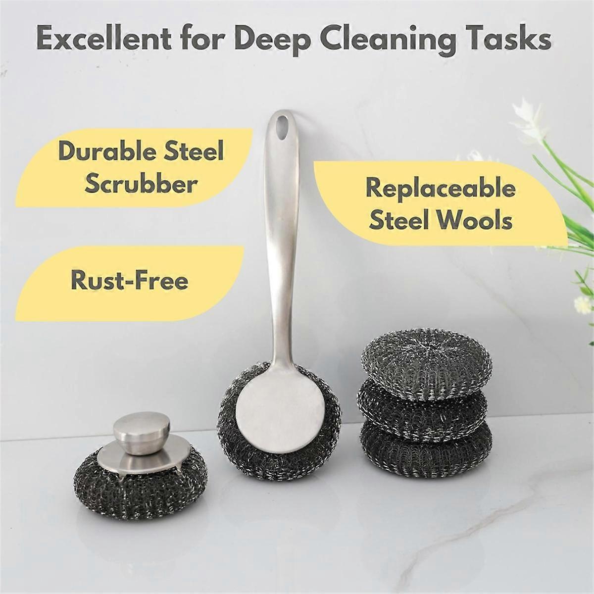 Steel Wool Scrubber Dish Brush with Handle, Deep Cleaning Metal ...