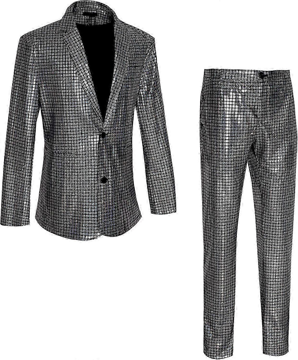 2 Pcs Men's Metallic Suit Sequined Suit Slim Leisure Suit Disco outfit ...