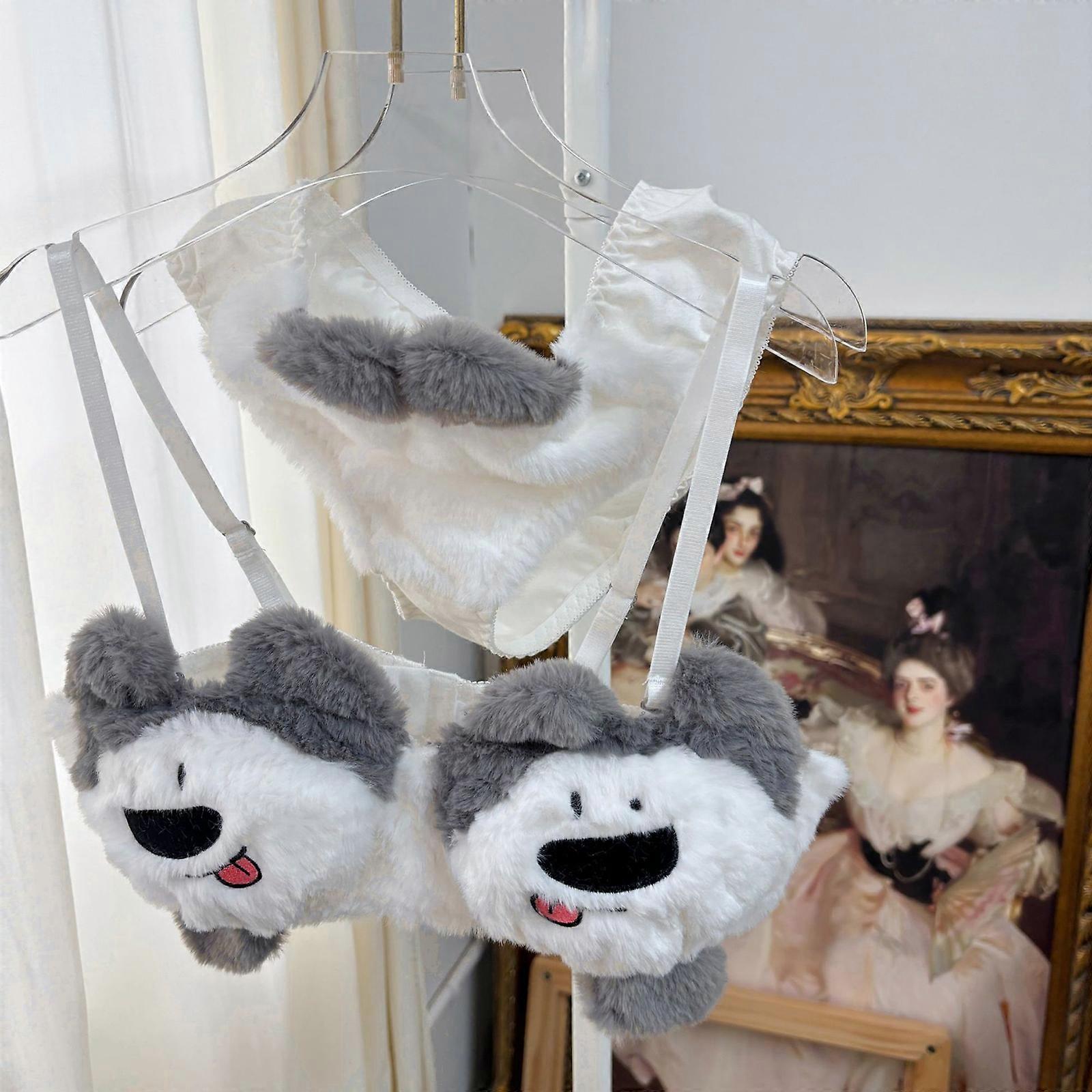 Womens Cute Cartoon Puppy Dog 2Pcs Plush Bra and Panty Set Furry ...