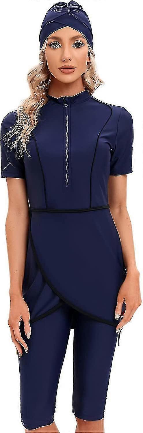 Women Modest Swimwear Islamic Muslim Swimsuit Short Sleeve Zipper Front ...