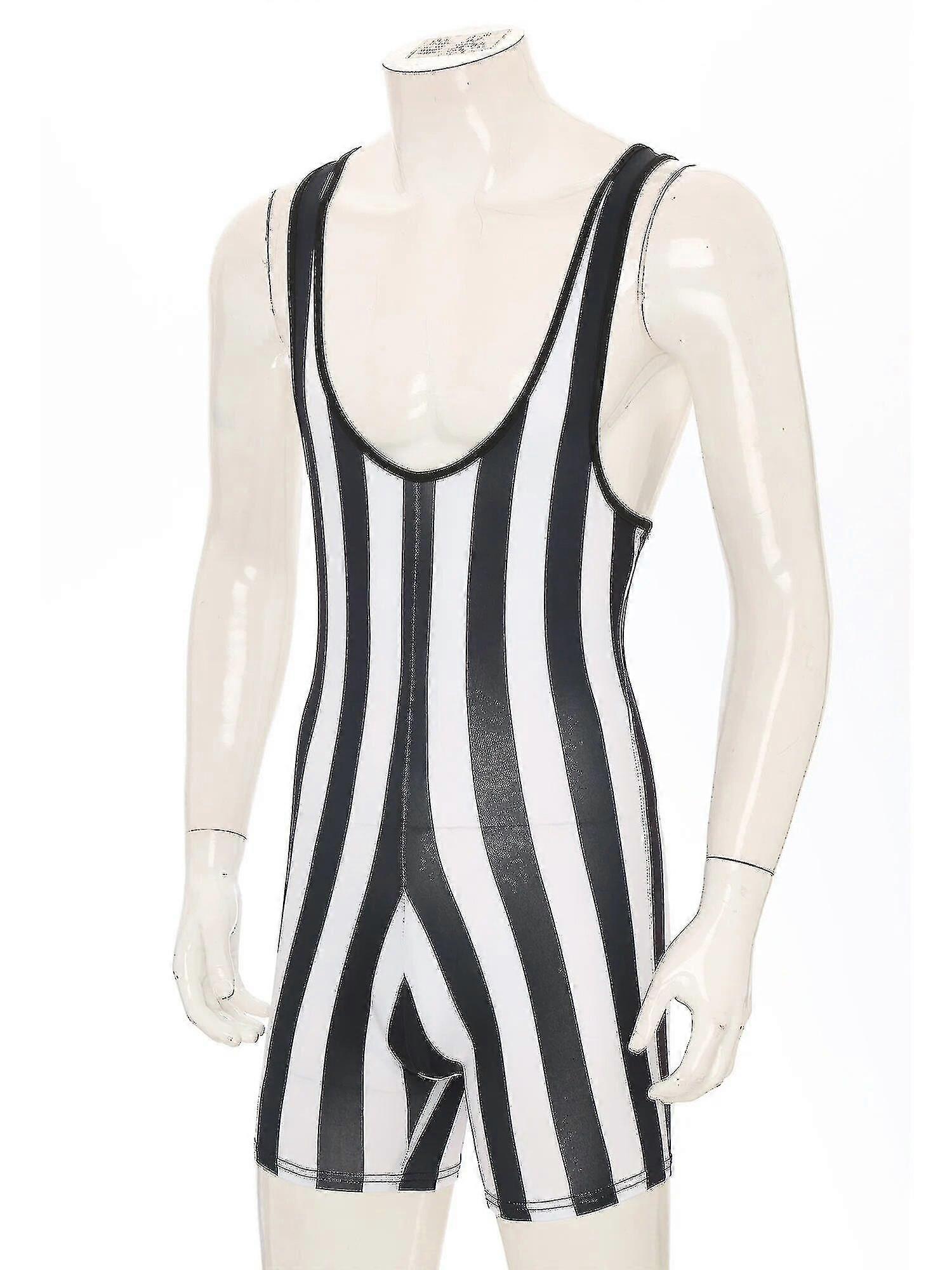 Mens Striped Jumpsuit Sleeveless Workout Wrestling Singlet Bodysuit For ...