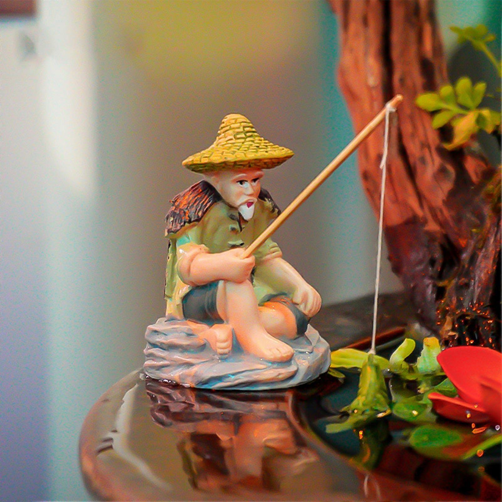 Fish Tank Sitting Fishing Figurine Sandstone Fisherman Statue Miniature ...