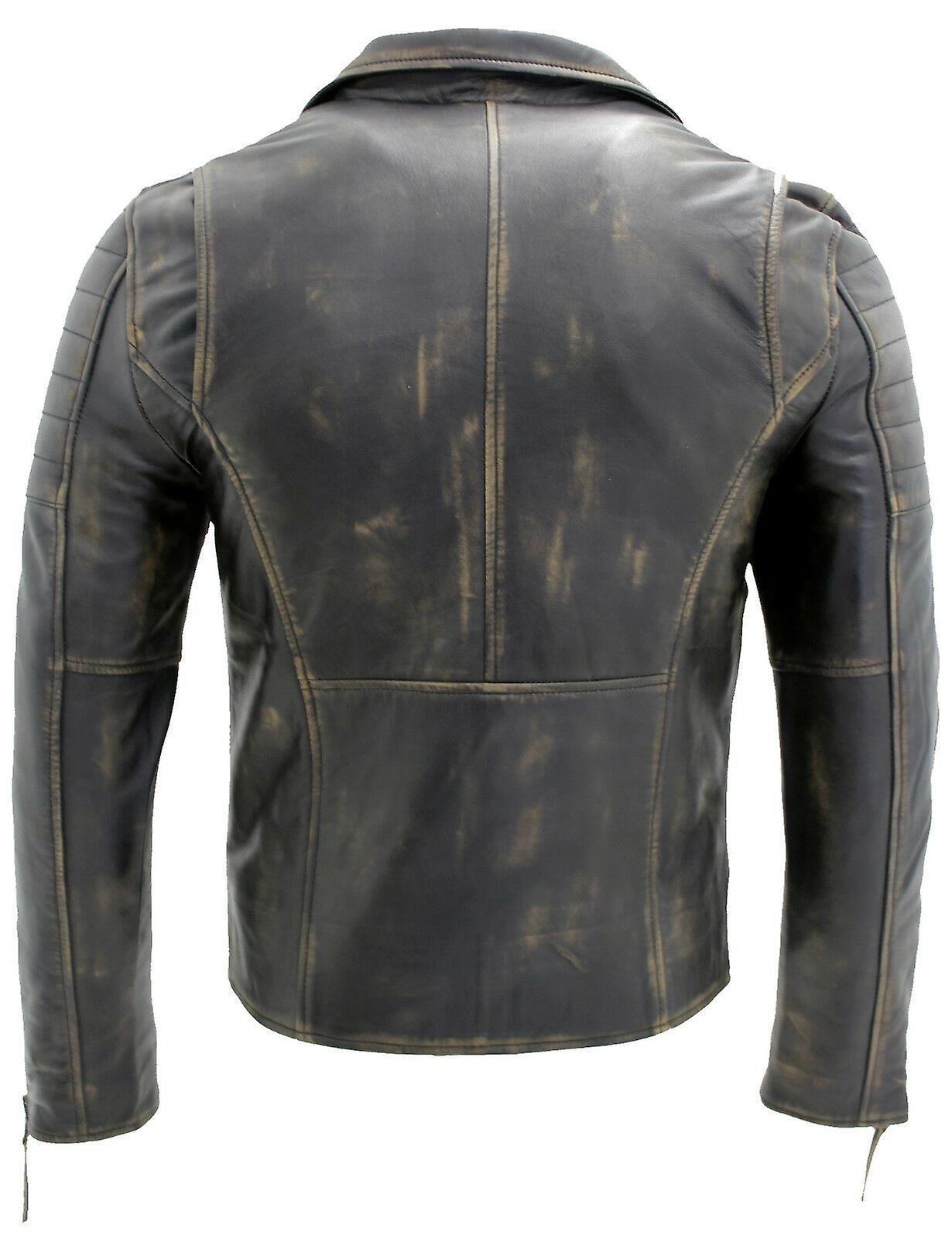 Men's Vintage Black Cross Zip Brando Leather Biker Jacket | Fruugo US