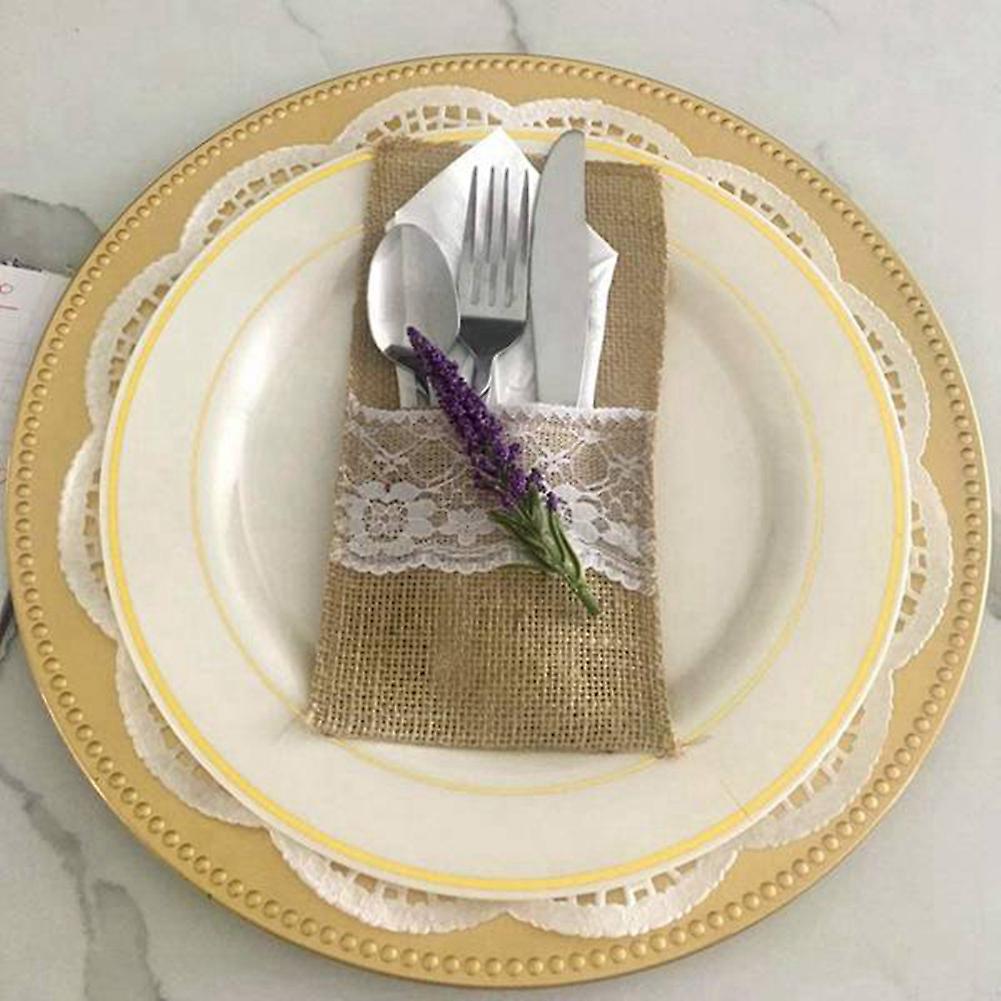 100Pc Burlap Lace Cutlery Pouch Rustic Wedding Tableware Knife Fork ...