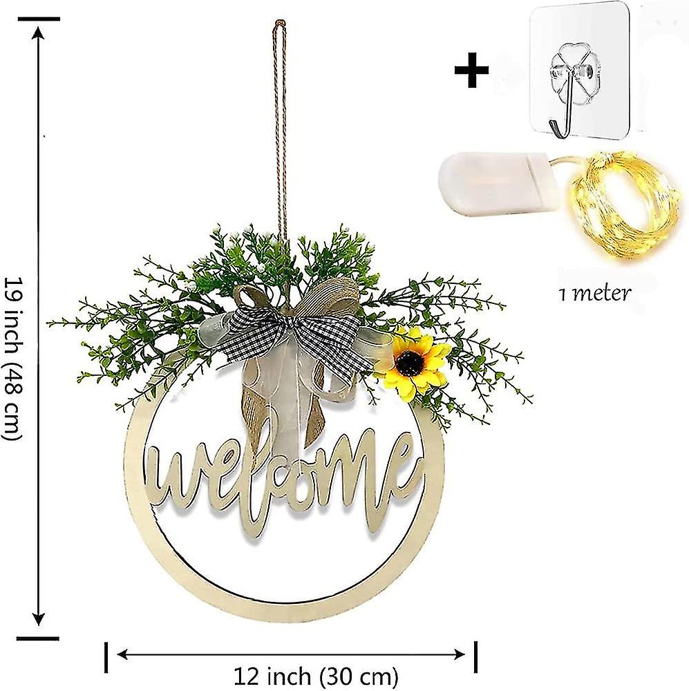Welcome Sign, Wooden Welcome Door Wreath With Led Fairy Lights, 30cm ...
