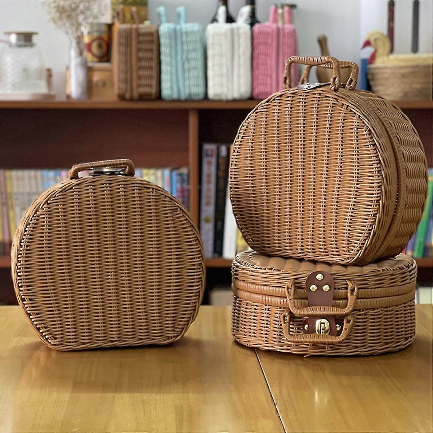 Rattan Suitcase Basket, Vintage Round Woven Wicker Storage Bins with ...
