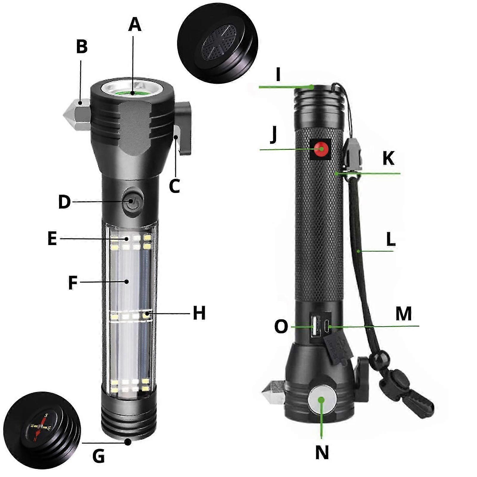 10 in1 Solar Power LED Flashlight Multi-functional Safety Hammer Torch ...
