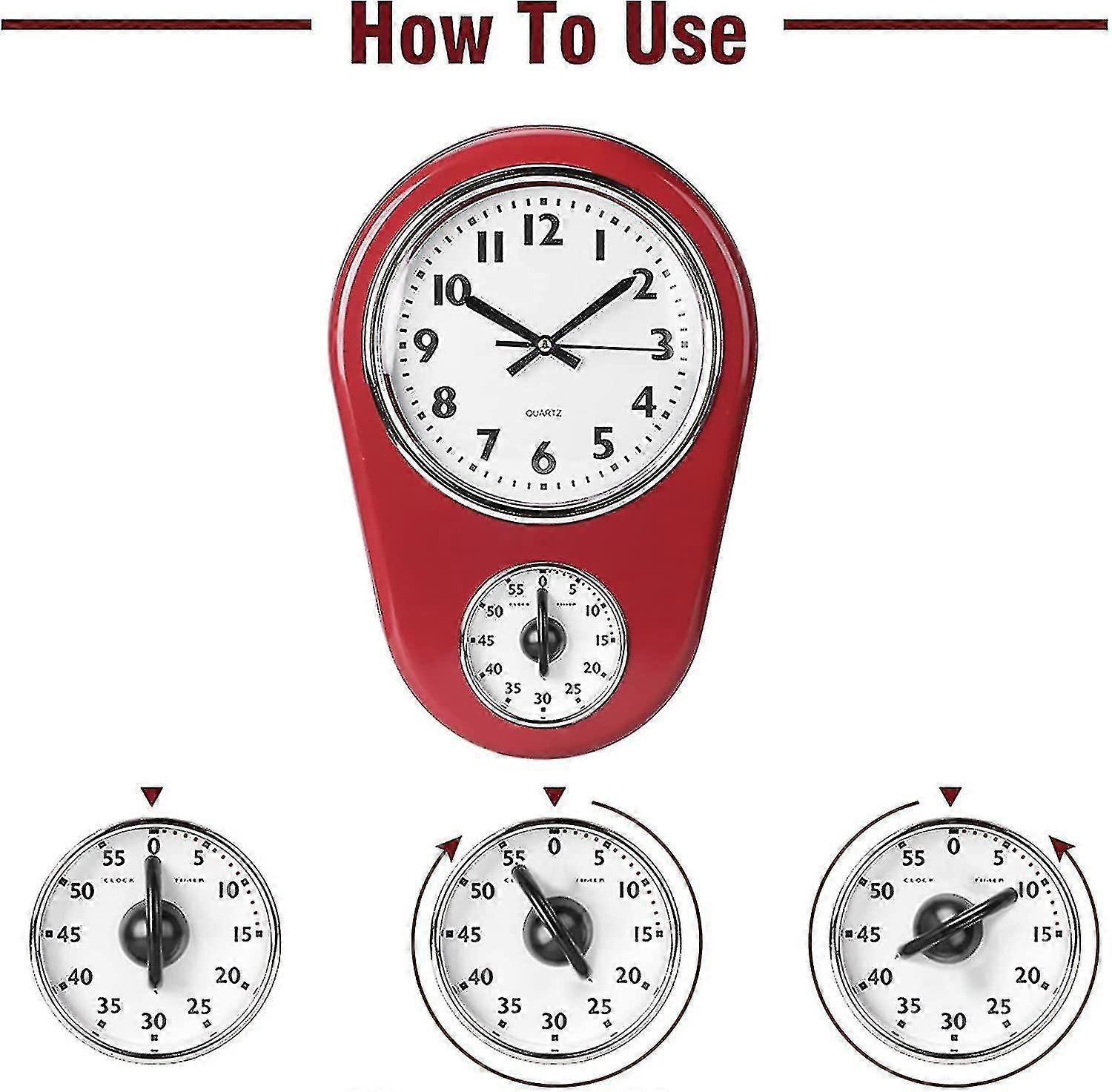 Retro Kitchen Timer Wall Clock, Red Vintage Silent Home Timer | Fruugo UK