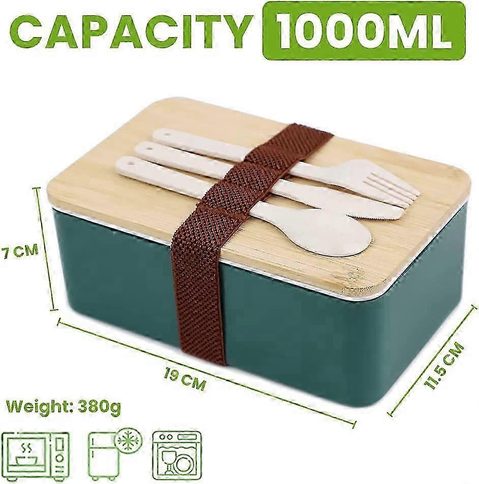 Bento Lunch Box with Sauce Box and Cutlery Set, 1000 ml (Green) | Fruugo UK