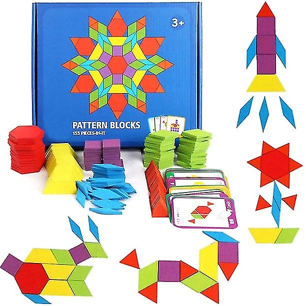 155 Pcs Wooden Pattern Blocks Toys Tangram Brain Teaser Toys With 24 Pcs Design Cards | Fruugo UK