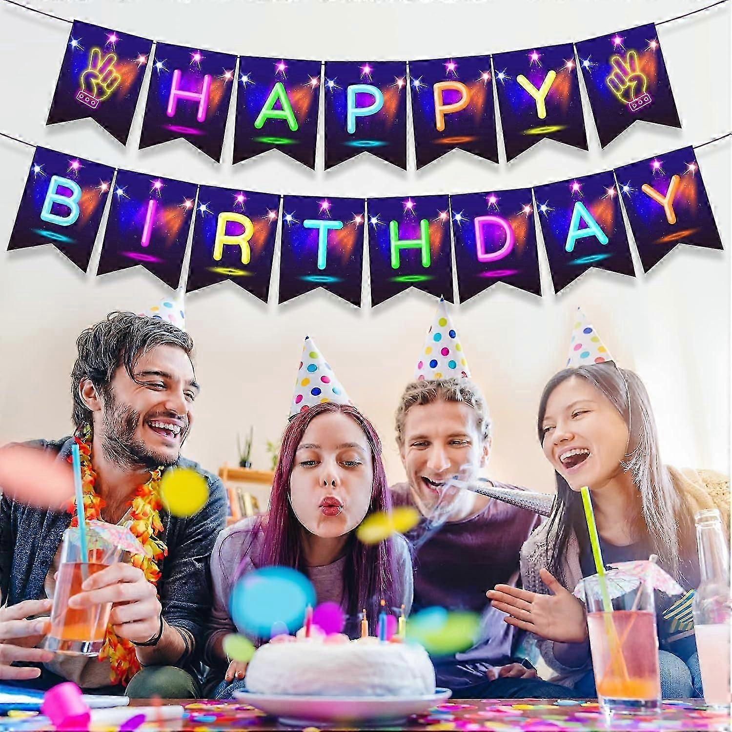 unique Neon Glow Happy Birthday Banner, Glow in the Dark Birthday Party ...