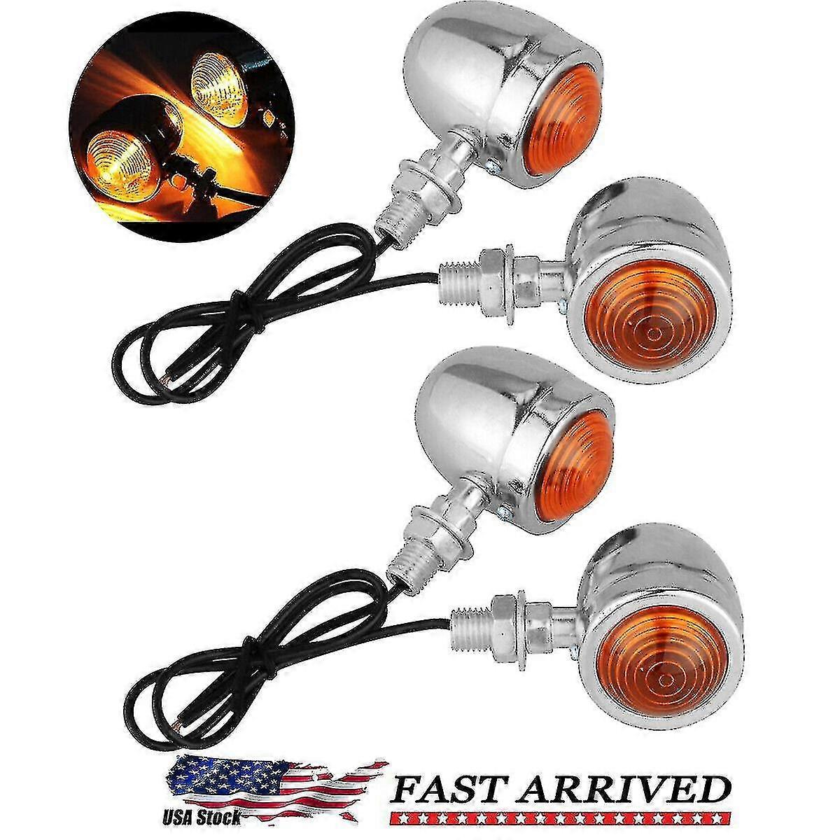 4x Vintage Motorcycle Turn Signals Amber Chrome Bullet For Harley ...