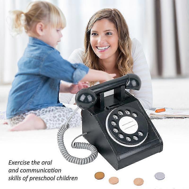 Kid Wooden Dial Telephone Toy Simulation Play House Telephone Retro ...