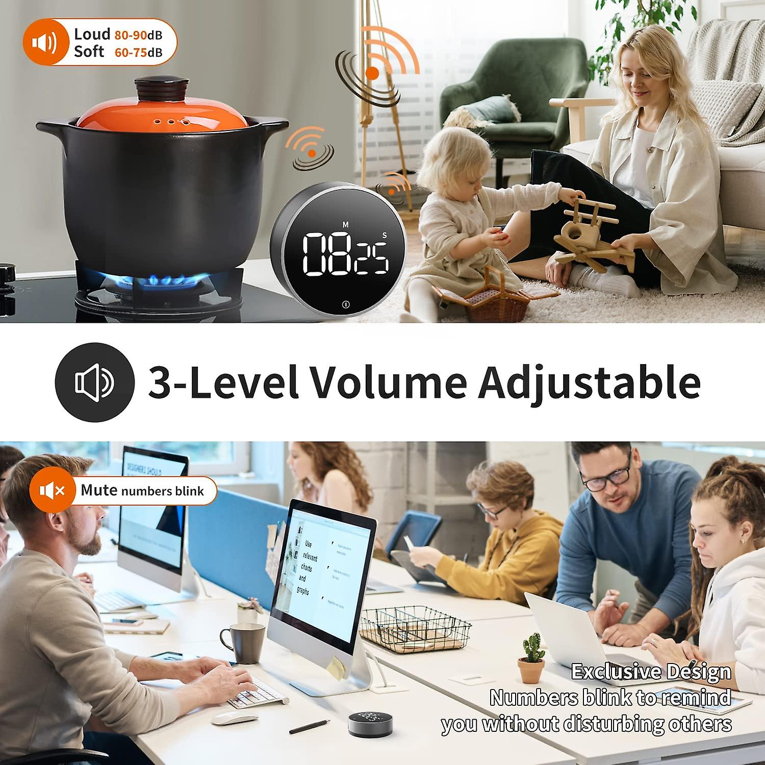 Digital kitchen timer - magnetic countdown timer, large volume ...