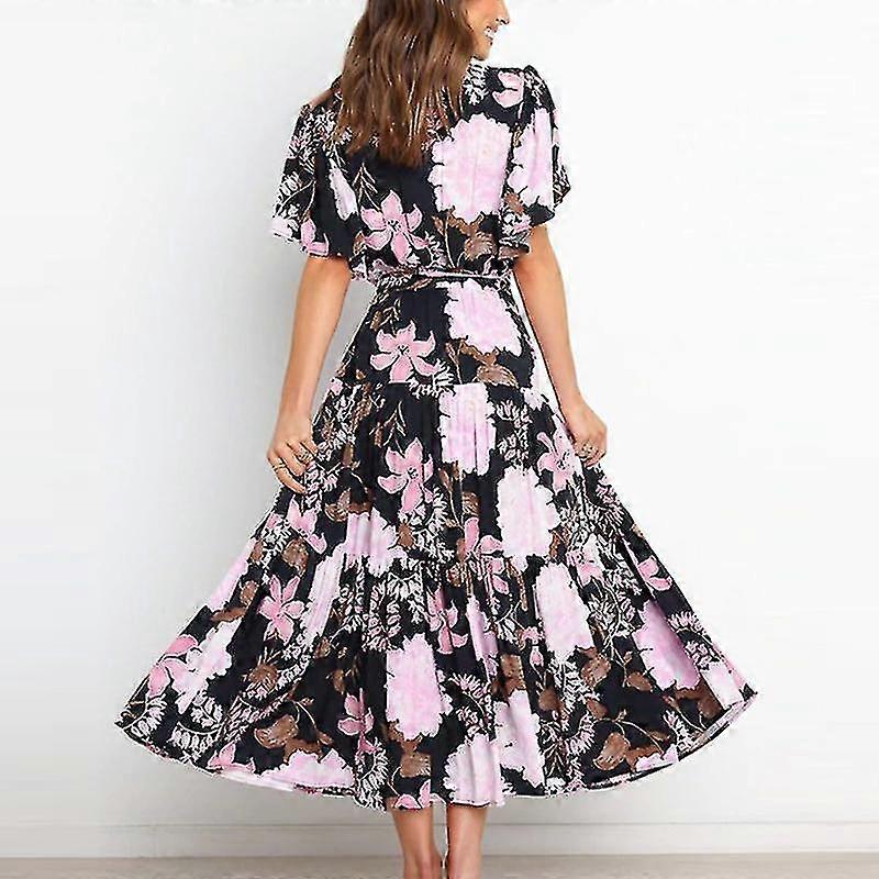 Dames Sexy Ruffle Maxi Jurken V Hals Bloemenprint Lange Jurk Party Baggy Zomer Strand Sundress ...