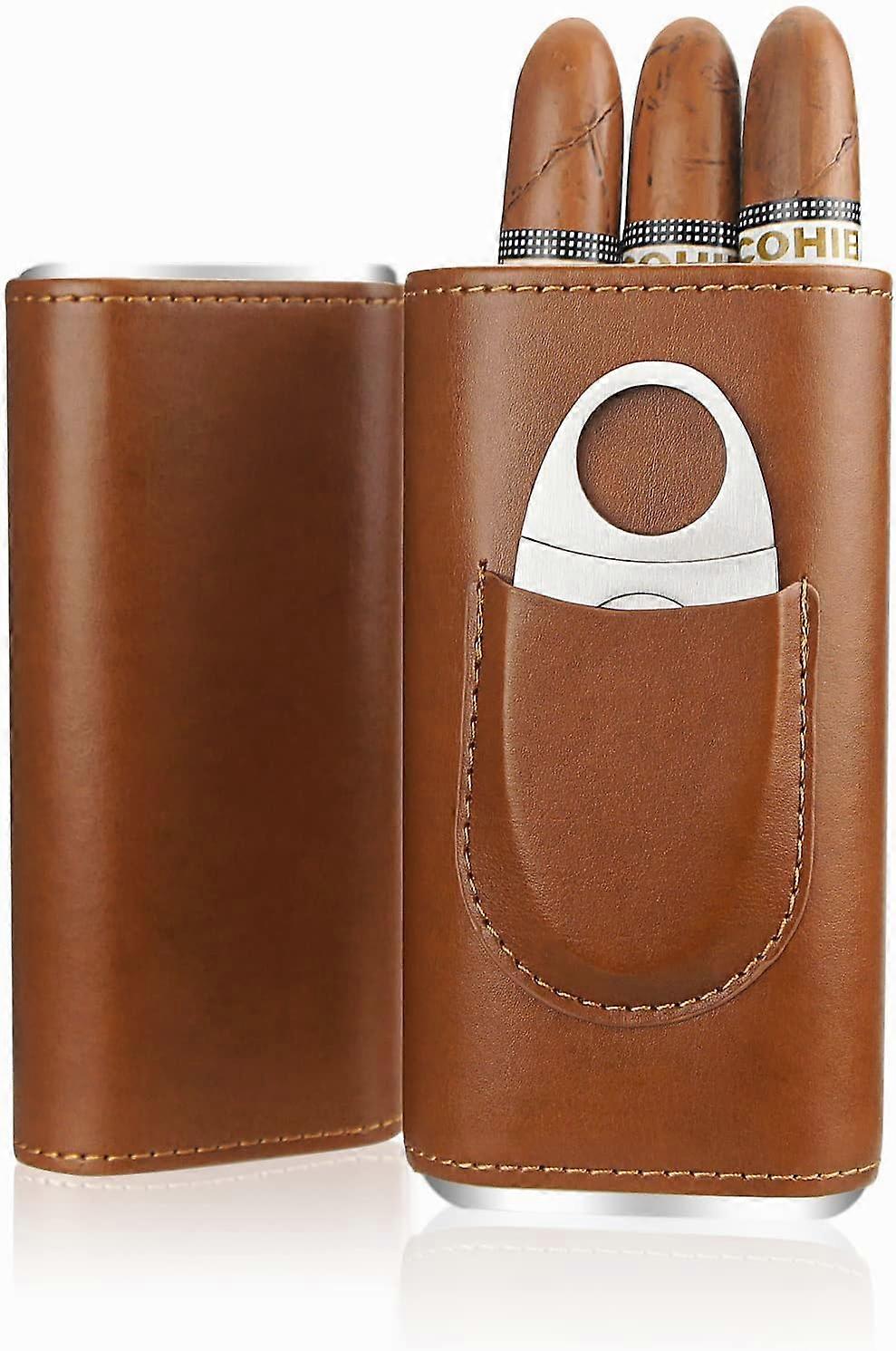 3-Finger Leather Cigar Case with Cutter Cedar Wood Lined Cigar Humidor ...