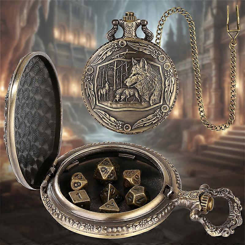 Wolf Pocket Watch Dice, Dnd Dice, 7pcs Metal Dice Wolf Pendant Chain ...