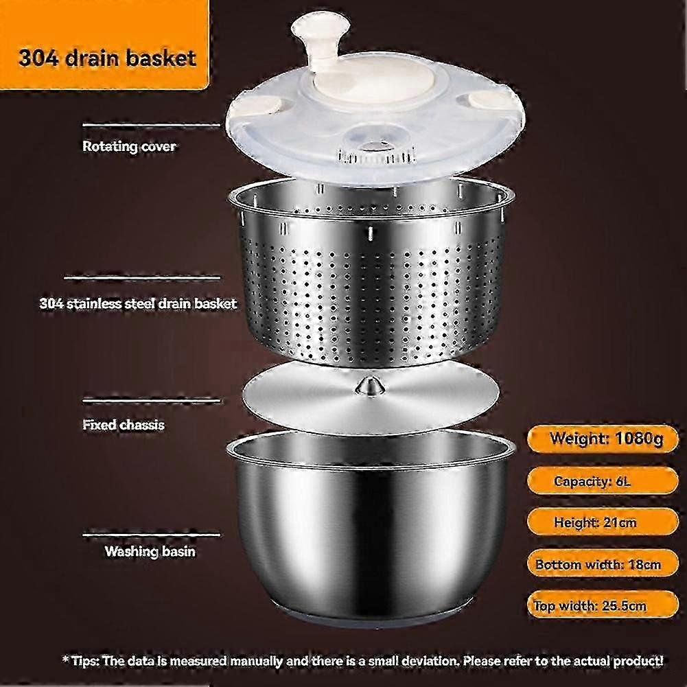 6L Salad Spinner Stainless Steel Large Vegetable Washer with PP Lid for ...