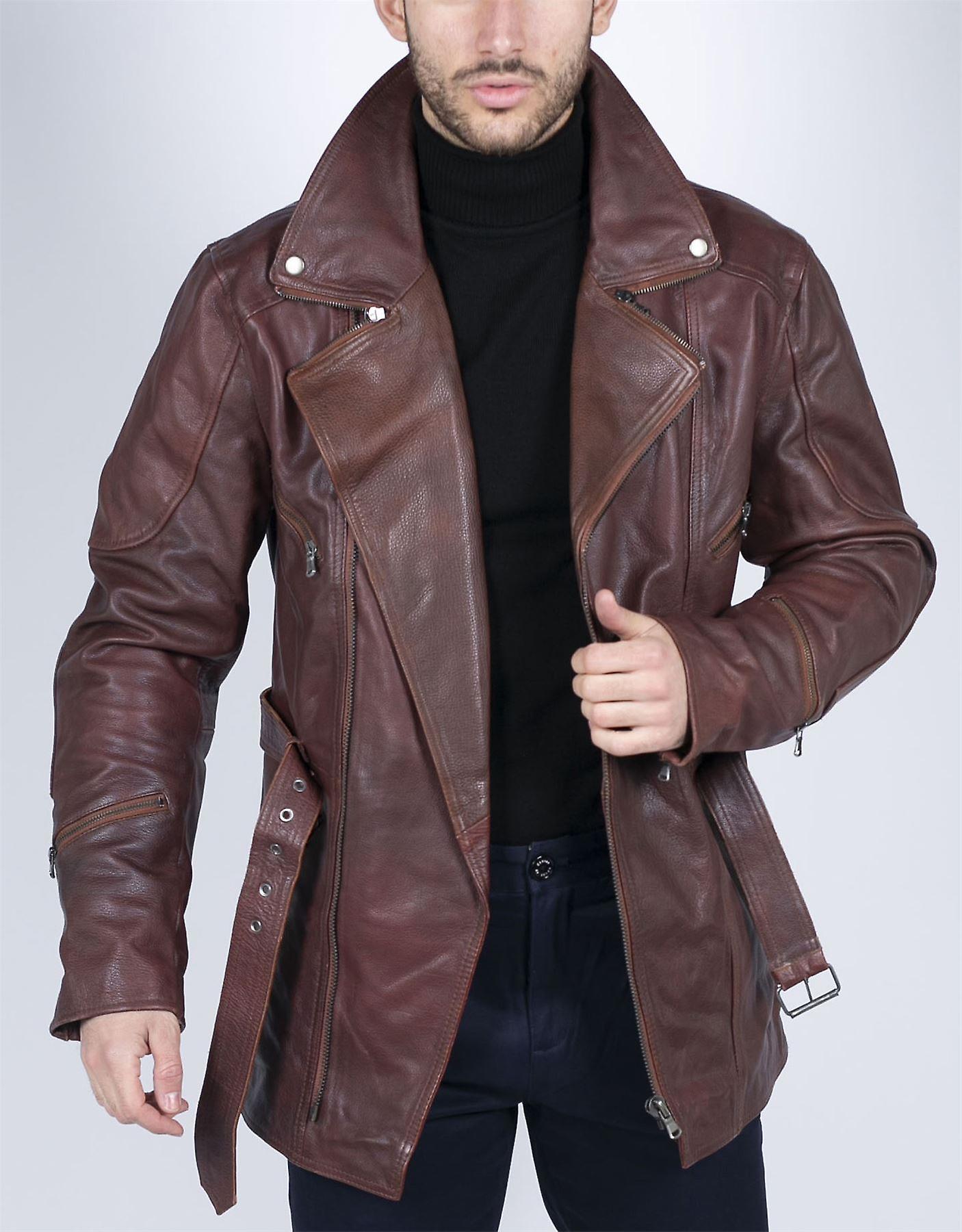 Men's Cross Zip Belted 3/4 Motorcycle Biker Long Leather Jacket Armour ...