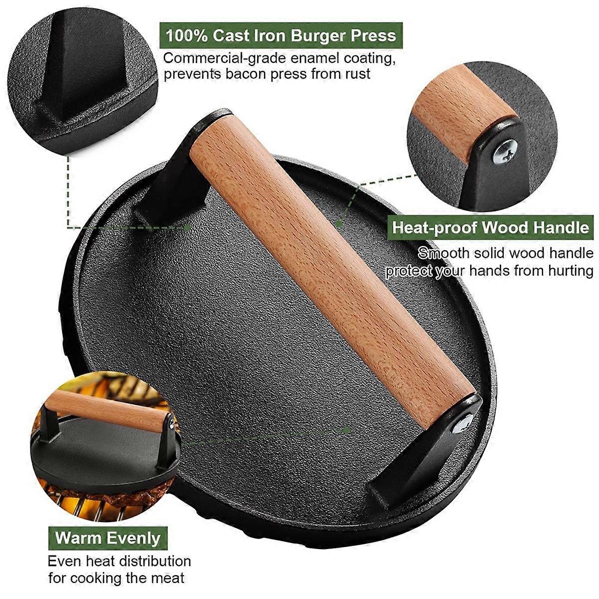 Burger Press 7Inch Round Cast Iron Smash Bacon Press Meat Steak with ...