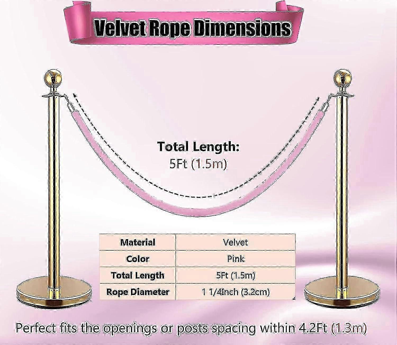 5 Ft Velvet Stanchion Ropes Pink, 4 Pack Crowd Control Rope Safety ...
