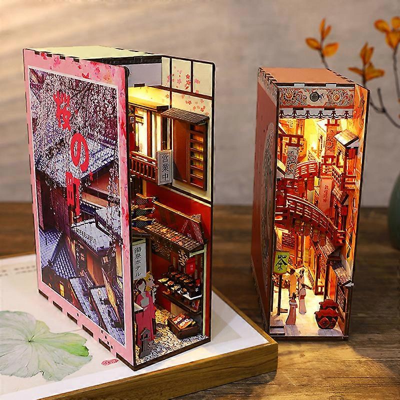 DIY Wooden Book Nook Shelf Insert Kits Miniature Japanese Cherry Blossom Bookends Town Doll ...