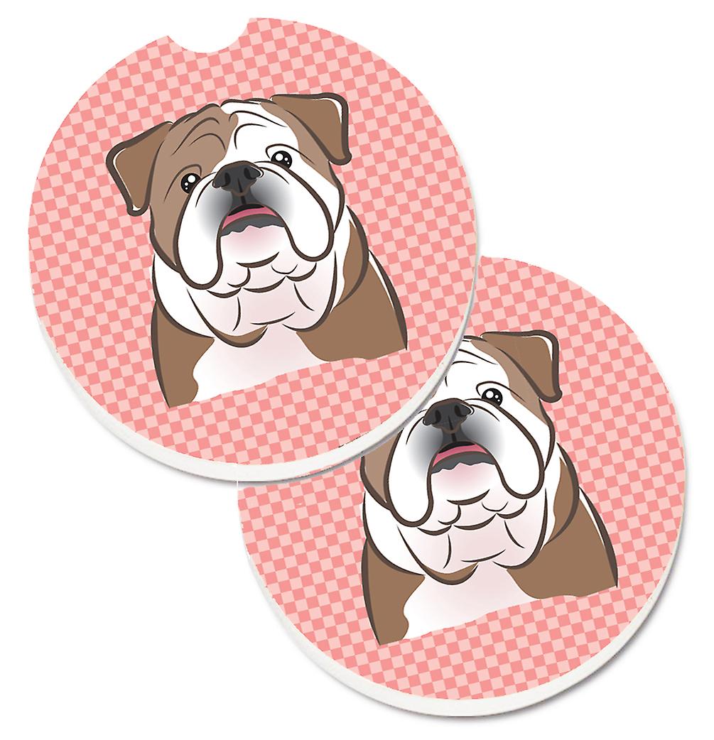 Checkerboard Pink English Bulldog Set of 2 Cup Holder Car Coasters ...