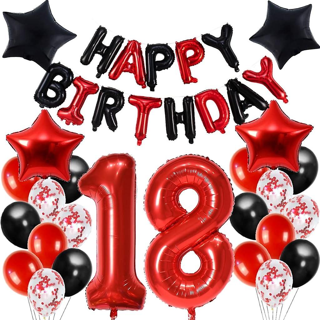 18th Birthday Decoration Set With Red And Black Foil Balloon Numbers ...