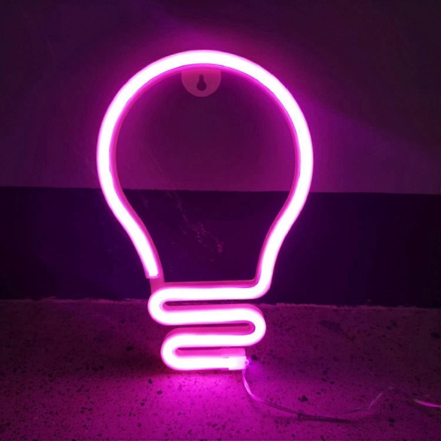 Pink Light Bulb Neon Signs LED Night Light Hanging Neon Lights USB ...