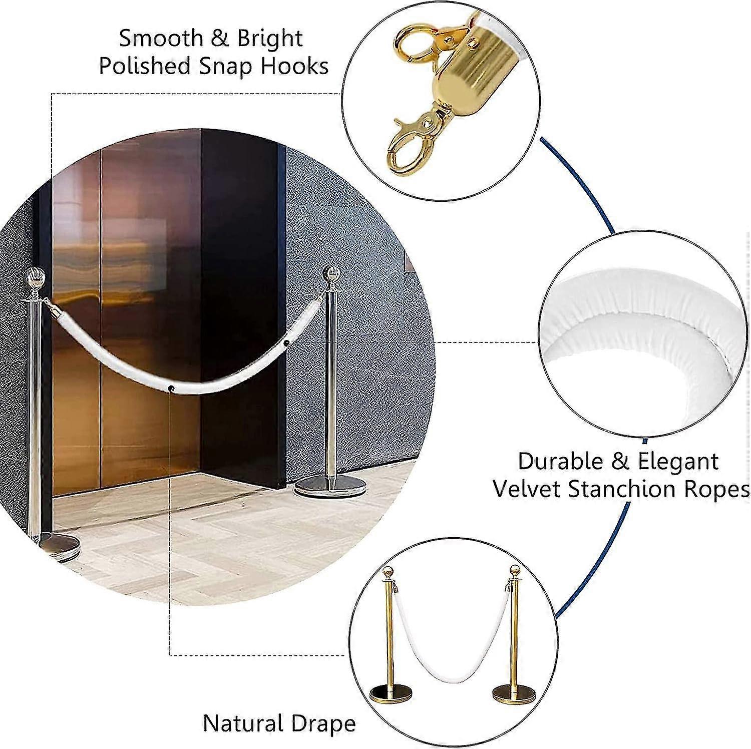 2 Pack White Velvet Stanchion Rope with Gold Hooks, Crowd Control ...
