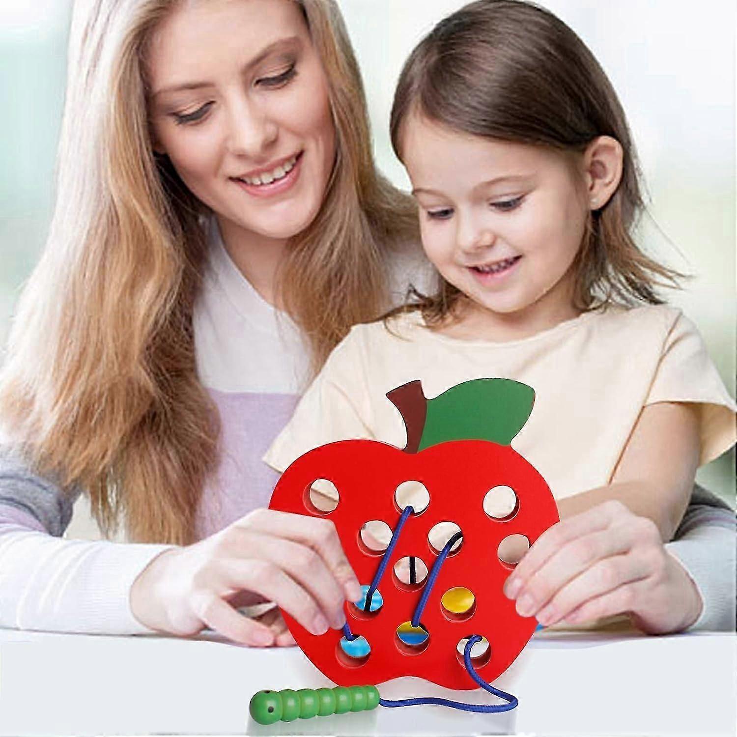 Wooden Apple Lacing Threading Weaving Worm Toy Fun Learning Travel Toy ...