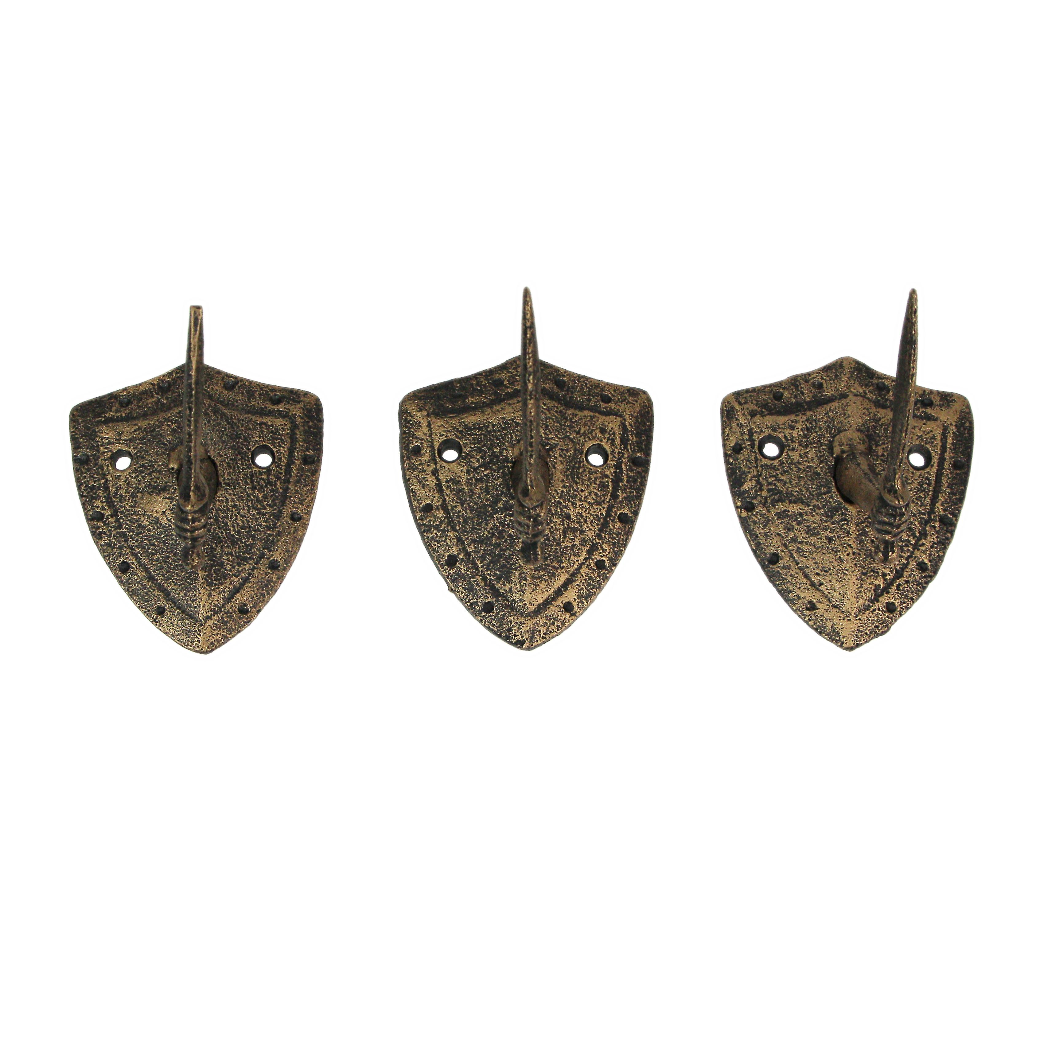 Zeckos Cast Iron Fun Wall Hooks - Set of 3, Bronze Sword & Shield ...