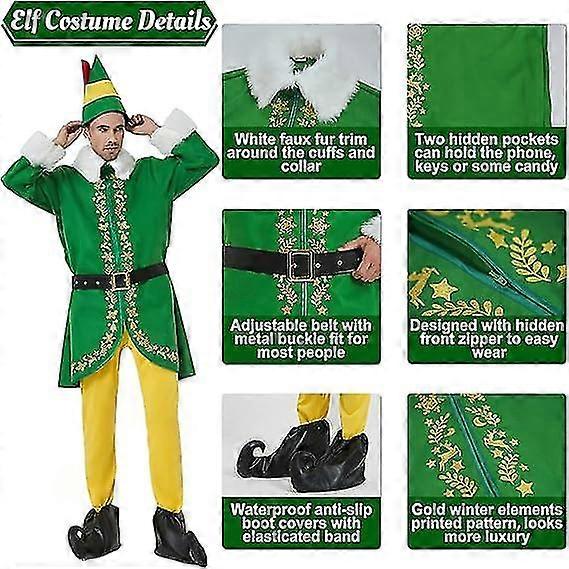 Elf Costume Men Buddy Christmas Outfit Adult Deluxe Suit Santa Couple ...