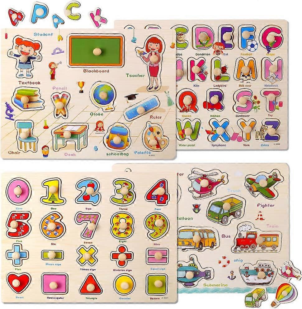 Wooden Peg Puzzles for Toddlers, 4 Pack ABC Alphabet Number Animal ...